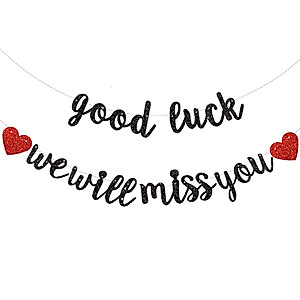 BEISHIDA Black Good Luck We Will Miss You Banner,Pre-Strung Glitter Retirement Party Sign Garland,Going Away Farewell Party Decorations, Graduation Party Supplies (No DIY）