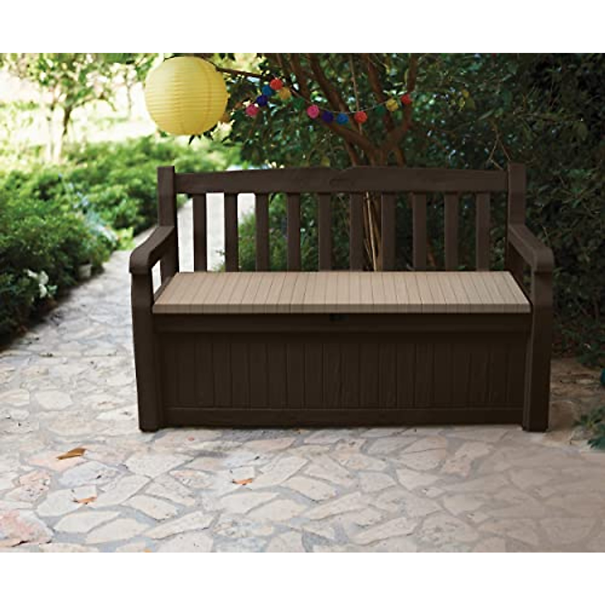 Keter Eden 70 Gallon Storage Bench Deck Box for Patio Furniture, Front Porch Decor and Outdoor Seating – Perfect to Store Garden Tools and Pool Toys,Brown / Brown