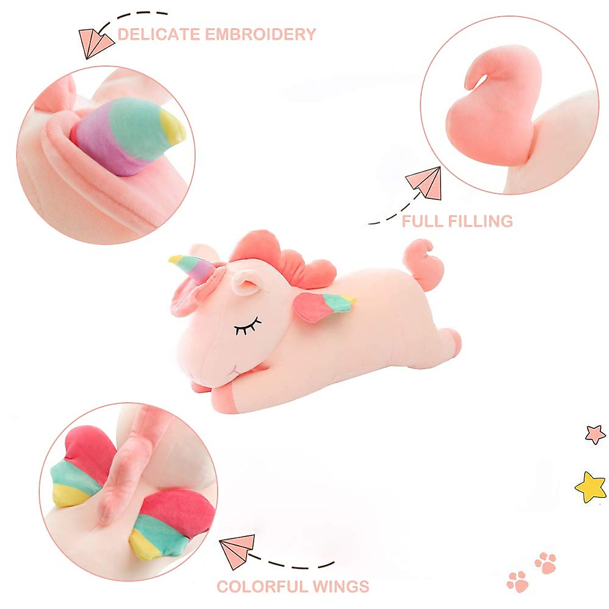 AIXINI Plush Unicorn Stuffed Animal Pillows Toy, 11.8 Inch Cute Soft Pink Unicorn Plushie Dolls with Rainbow Wings