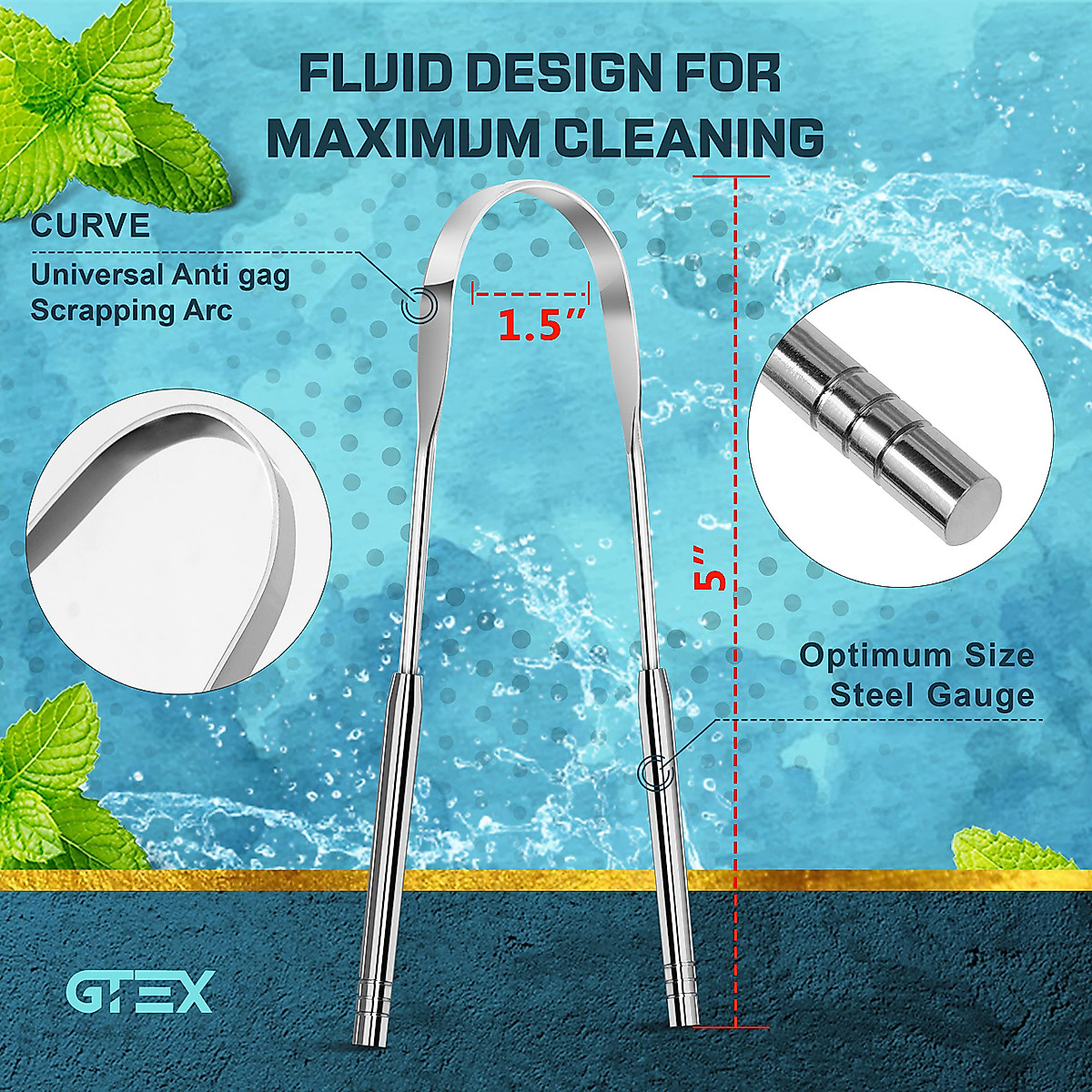 GTEX Tongue Scraper (3 Pack) with Travel Pouch - Medical Grade 100% Stainless Steel Metal Tongue Cleaner for Adults and Kids - 3 Tounge Scrapers