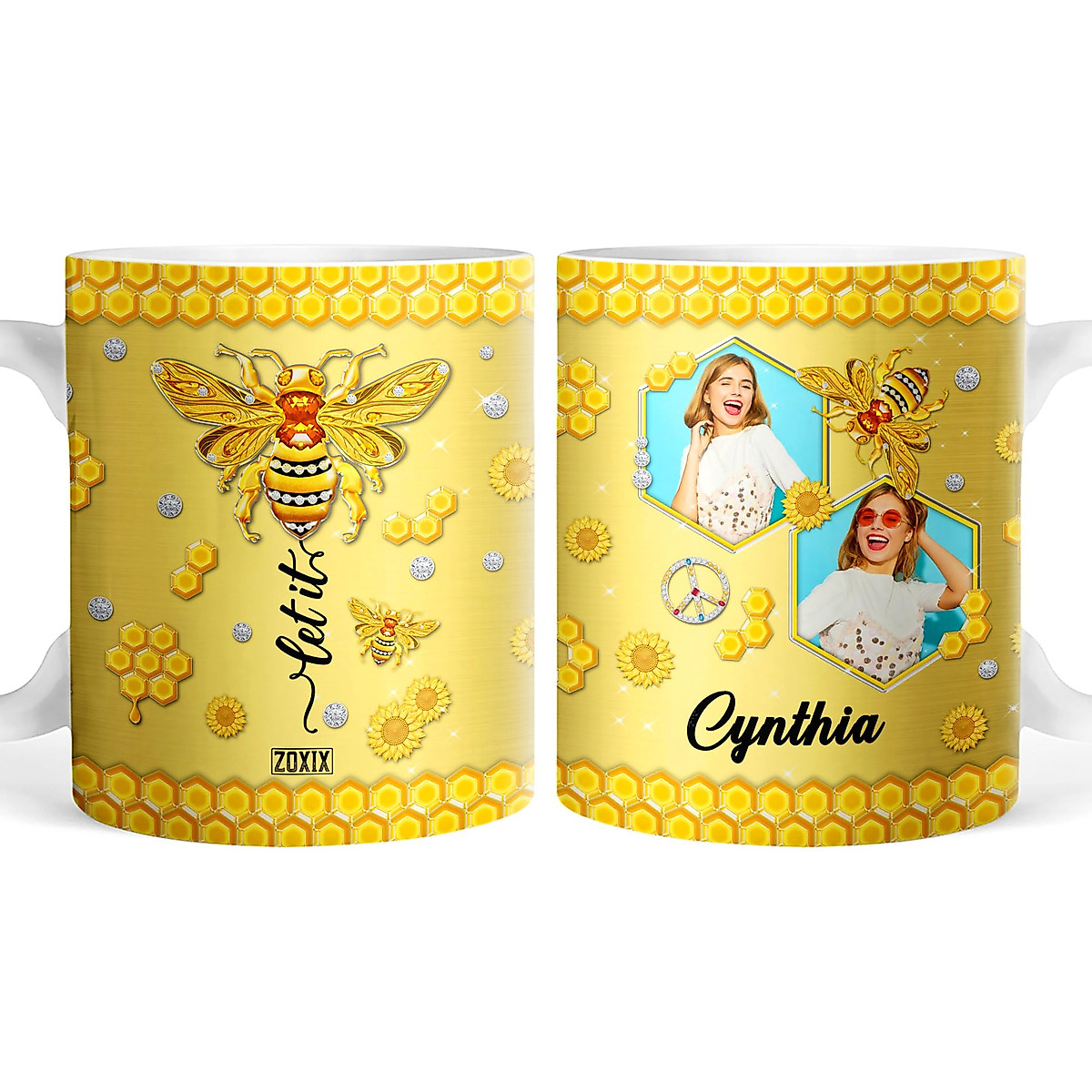 White Ceramic Coffee Mug Photo Mugs Personalized Picture Custom Name Birthday Gifts For Bee Lovers Women Girls Jewelry Style Novelty Tea Cup Table Desk Accessories 11 And 15 Oz
