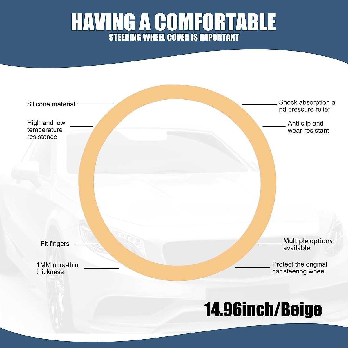 ZBGUN 1 PC Car Steering Wheel Protective Cover, 14.96" All-Season Anti-Slip Silicone Round Steering Wheel Cover, Universal Modified Decorative Accessories, Suitable for Most Car Models (Beige)