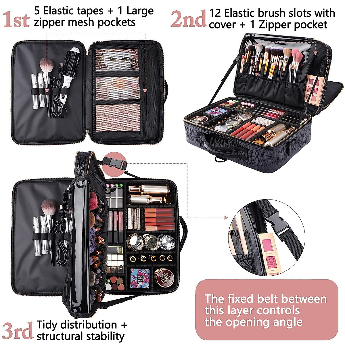 Oewoer Travel Makeup Train Case PU Leather Professional Makeup Case 16" with Adjustable Strap Portable Cosmetic Organizer Artist Storage Bag for Toiletry Jewelry Digital Accessories (L-Black)