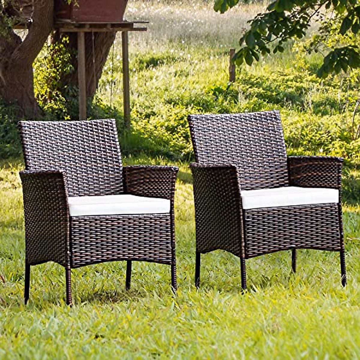 RELAX4LIFE Patio Dining Chairs Set of 2 PCS Wicker Armchairs with Comfortable Cushions for Deck, Garden, Lawn, Balcony, Backyard and Poolside Outdoor PE Rattan Fire Pit Chairs (2, Brown+Beige)