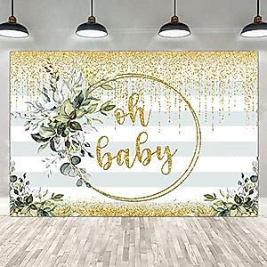 Lofaris Oh Baby Backdrop Baby Shower Green Leaves Gold Ring Golden Glitter Stripes Photography Background for Boy Girl Baby Shower Gender Neutral Newborn Party Decoration Banner Photo Booth Prop 9x6ft