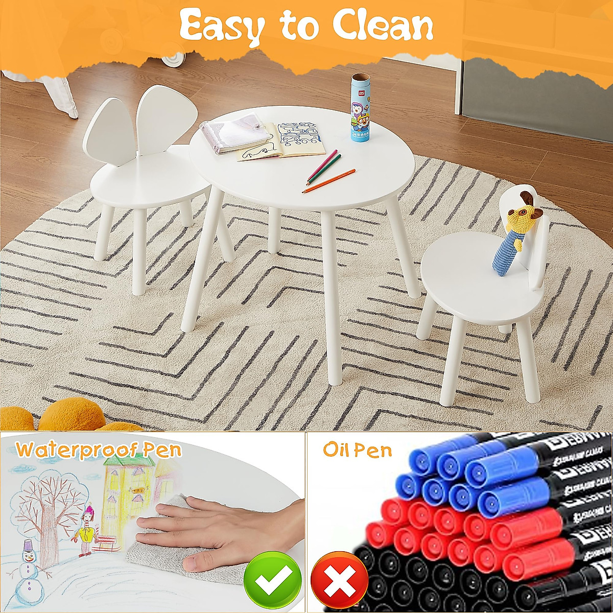 VECELO Kids Table and Chairs Set, Oval Tabletop and 2 Rabbit Chairs for Toddler Playing, Activity, White