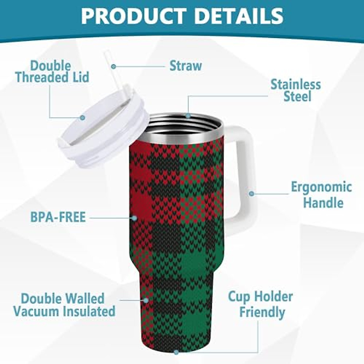 MCHIVER Christmas Red Plaid Tumbler with Lid and Straw 40 oz Insulated Water Bottle Leakproof Tumblers for Iced Water Smoothie Coffee