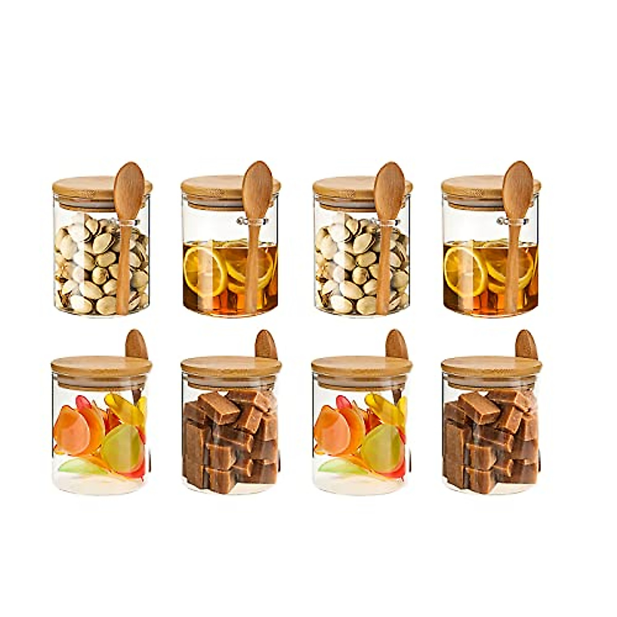 JOUALY 8-Pack Glass Food Storage Jar 8 oz,100% Sealed Borosilicate Glass Bamboo Glass Jars with Bamboo Lid and Bamboo Spoon for Candy, Spices, Coffee Beans, Nuts, Condiments, Cookies, Flour,Tea