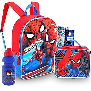 Marvel Spiderman Backpack With Lunch Box ~ 5 Pc Bundle With 15" Spiderman School Bag For Boys, Girls, Kids, Lunch Bag, Stickers, And More (Spiderman School Supplies)
