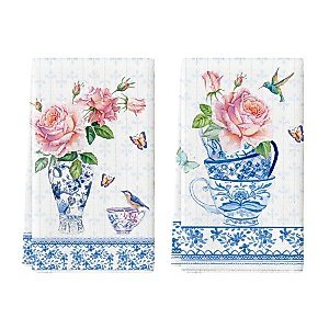 Artoid Mode Vase Roses Cup Butterflies Royal Blue Porcelain Kitchen Towels Dish Towels, 18x26 Inch Flowers Vintage Decoration Hand Towels Set of 2