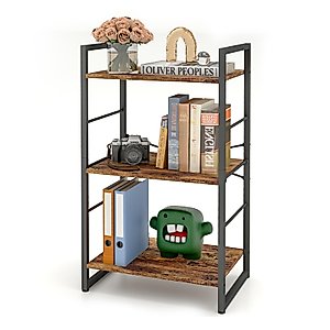 FERRIVISTA Small Bookshelf 3-Tier Bookcase, Metal Bookshelf for Study, Bedroom, Living Room and Kitchen, Height Adjustable (Brown)