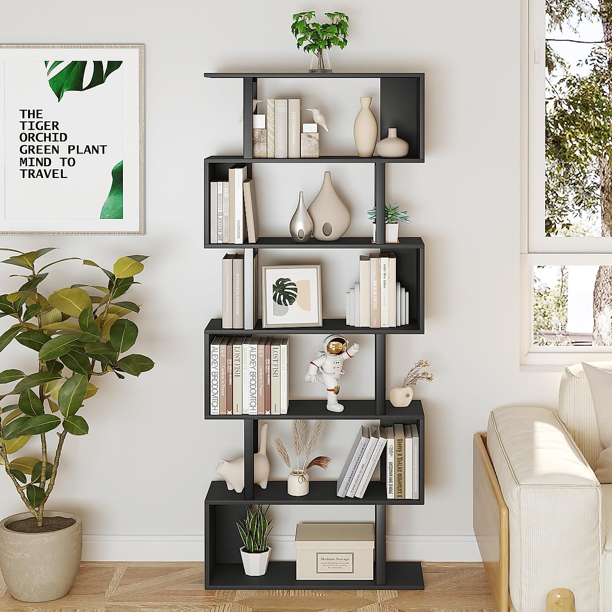 Yusong S Shaped Bookshelf, Modern Geometric Bookcase, 6-Tier Black Display Case Book Shelf