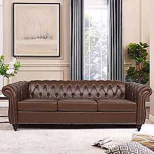 LEVNARY Chesterfield Sofa, Classic Tufted Upholstered Leather Couch, Modern 3 Seater Couch Furniture with Tufted Back for Living Room Office (Dark Brown)