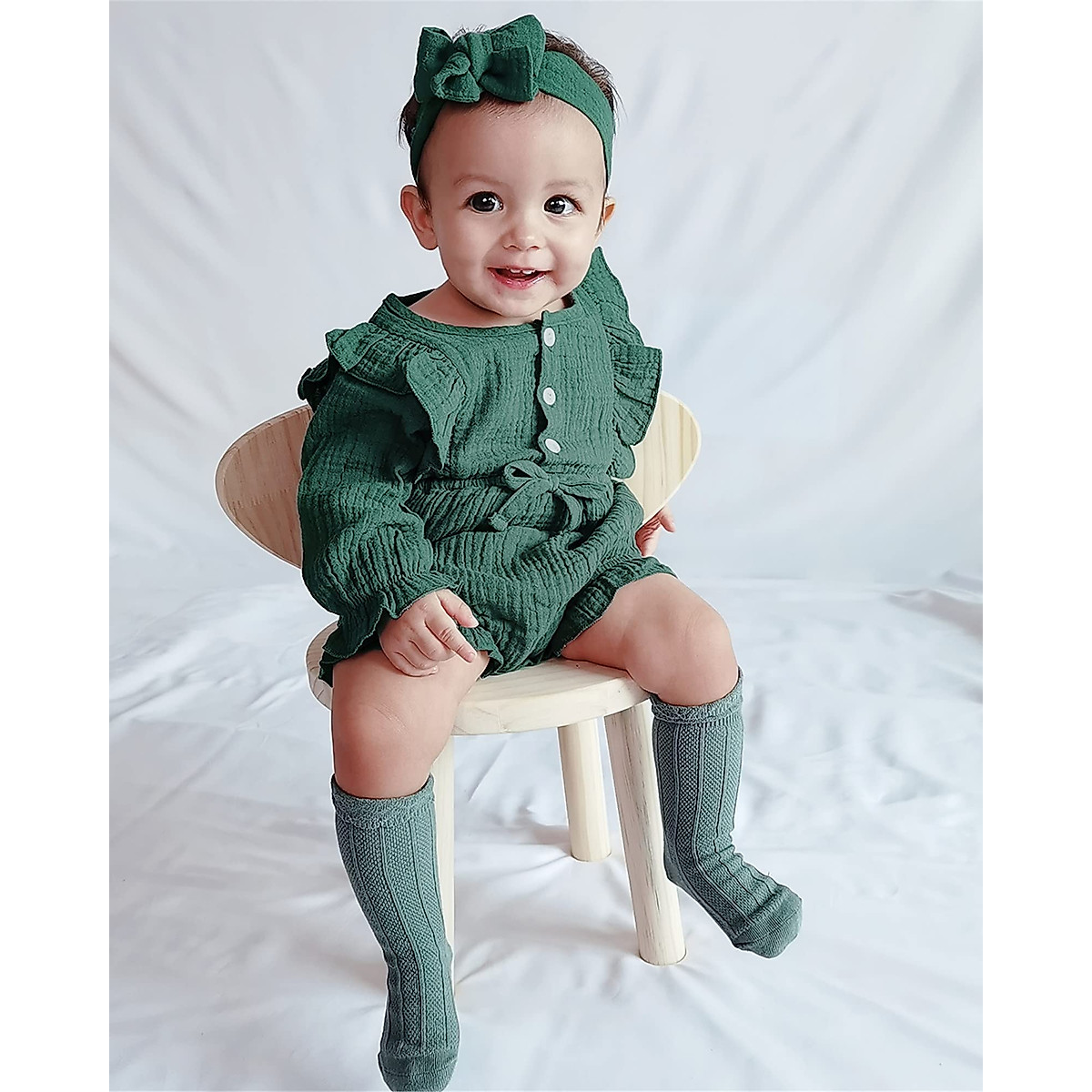 Saeaby Baby Girl Clothes 3-6 Months Infant Girl Clothes Fall Baby Long Sleeve Romper Ruffle Green One Piece Romper Bodysuit Cute Outfit for Girl