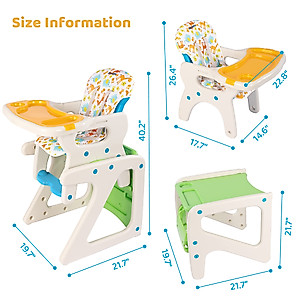Baby High Chair, Toddler Chair Highchairs with Adjustable Seat Back Detachable Seat Cushion and Double Removable Tray for Baby Infants Toddlers, Easy to Clean, Green