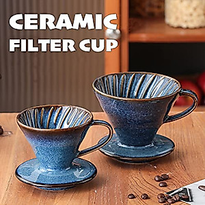 Ceramic Coffee Dripper Filter 60 Angle Tapered 02-4Cup Pour Over Coffee Ceramic Hand Brew Coffee Cup Retro Filter Set Reusable Portable Coffee Maker (2/4 People Large - Sky Blue)