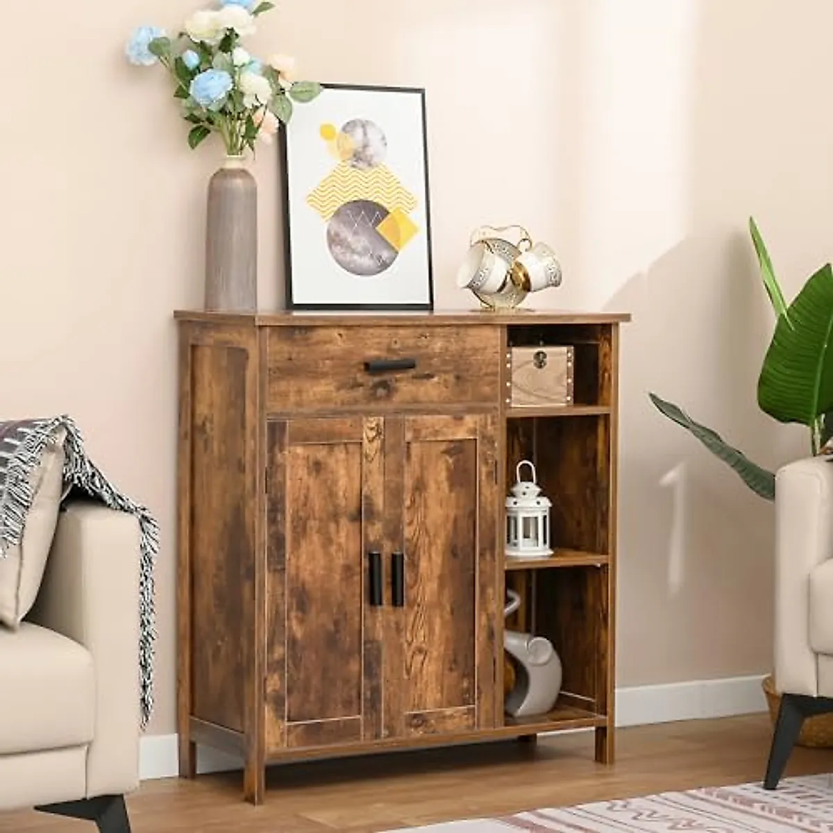 WEENFON Storage Cabinet, Floor Cabinet with Doors and Shelves, Coffee Bar Cabinet with Drawer, Organizer Cabinet for Living Room, Dining Room, Rustic Brown