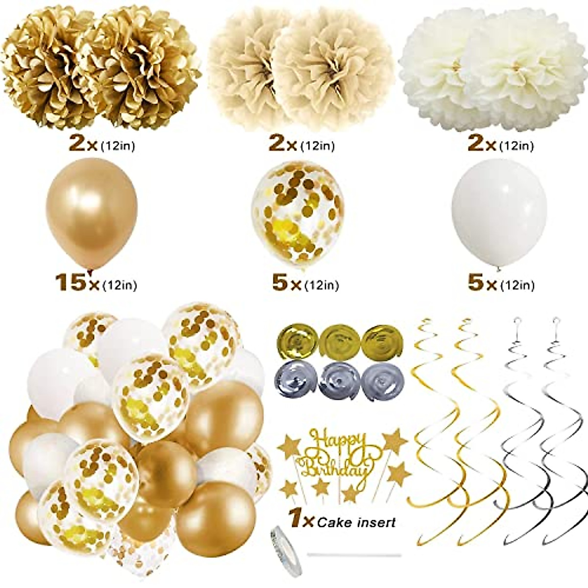 Gold White Birthday Party Decorations with Happy Birthday Banner,Heart Star foil balloons,DIY Cake Topper,Circle Dots Garland,Hanging Swirls,Tissue Paper Pompoms for Man Women