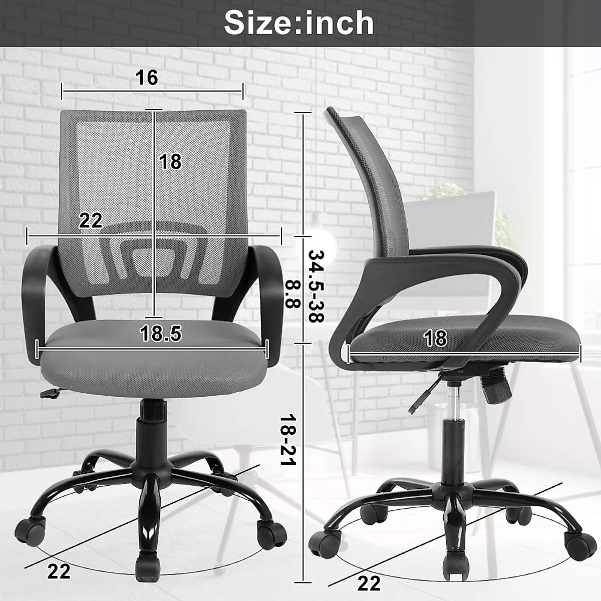 Office Chair Desk Chair Computer Chair Ergonomic Mid Back Mesh Chair with Lumbar Support & Armrest Modern Adjustable Height Swivel Task Executive Chair for Women Men Adult, Grey