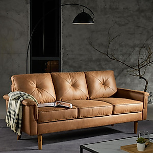 XIZZI 71" Mid-Century Modern Sofa Couch,Faux Leather 3 Seater Sofa w/Key Armrest and Comfortable Cushions,Comfy Deep Seats Sofa Small Couch for Living Room Office Apartment Small Space (Brown)