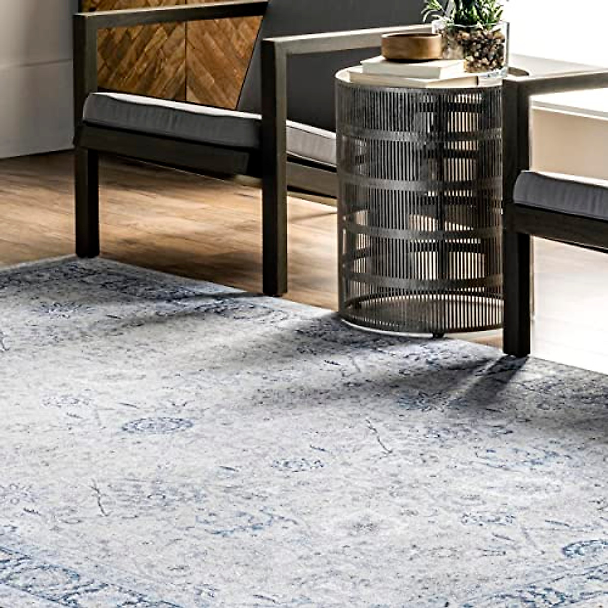 Rugs USA x Lauren Liess Bayberry Vintage Machine Washable Ultra Thin Area Rug, 5' x 8', Light Blue