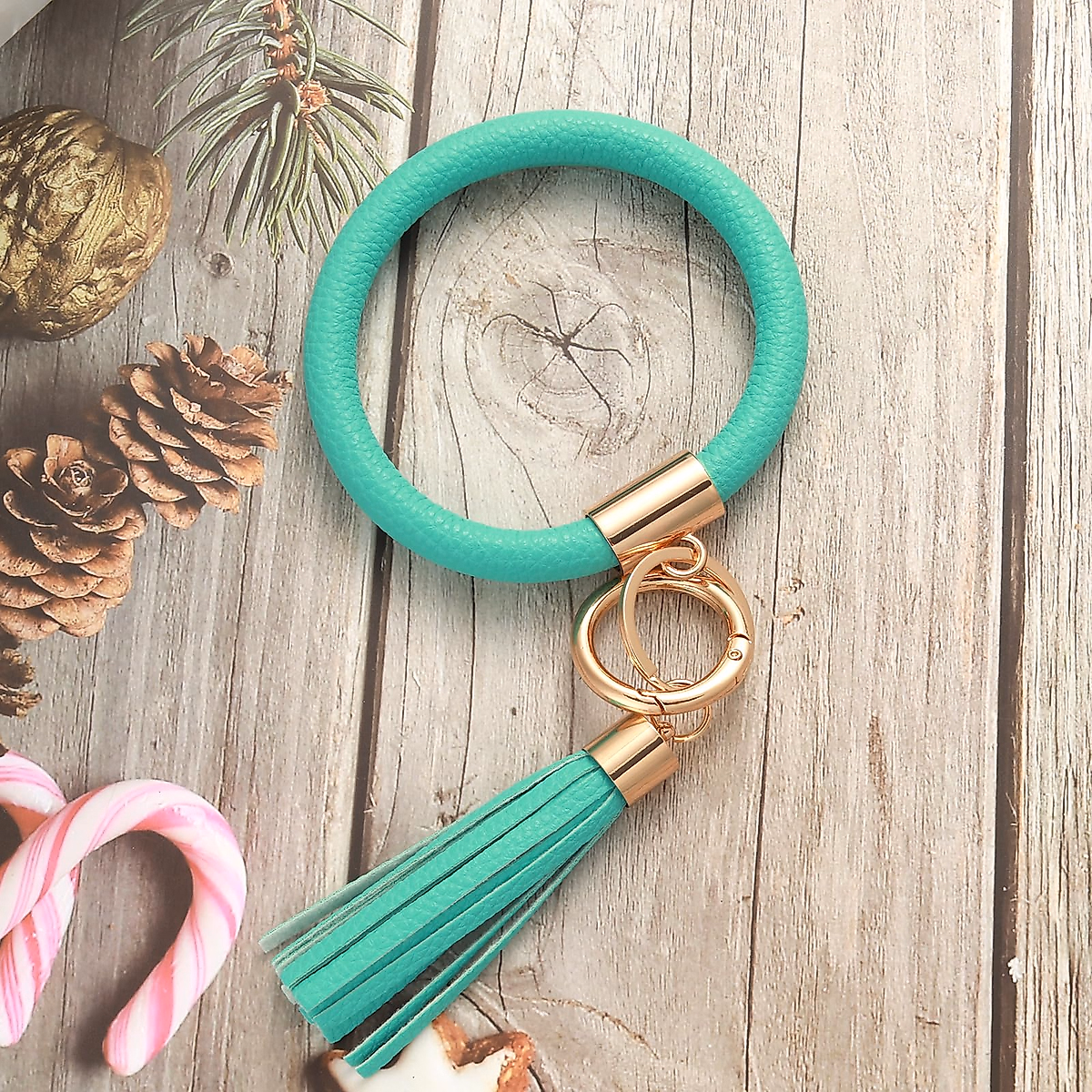 Coolcos Key Ring Bracelets Wristlet Keychain Bangle Keyring - Large Circle Leather Tassel Bracelet Holder For Women Gift(Turquoise Blue)