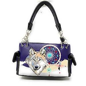Western Wolf Dream Catcher Embroidery Feather Conceal Carry Women Handbag Purse in 5 colors (Black Wallet)