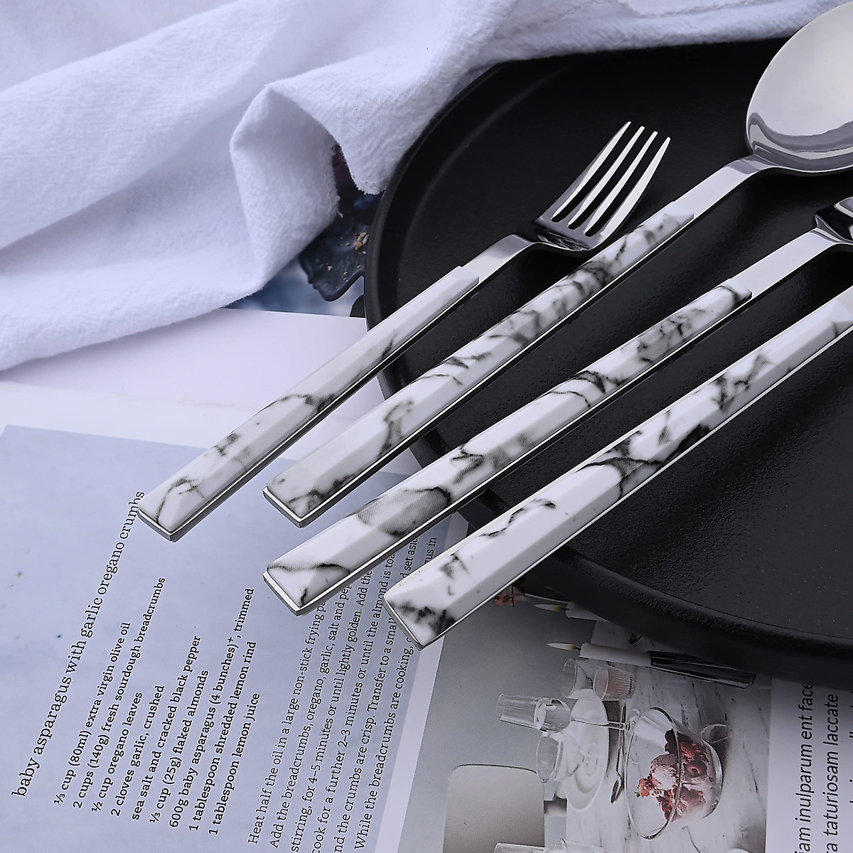 Uniturcky 16-Piece Silverware Set with Dessert Fork, Stainless Steel Flatware Cutlery Set for 4, Mirror Finish Tableware Utensil Set, Marble Texture Handle, Include Knife Fork Spoon(White & Silver)