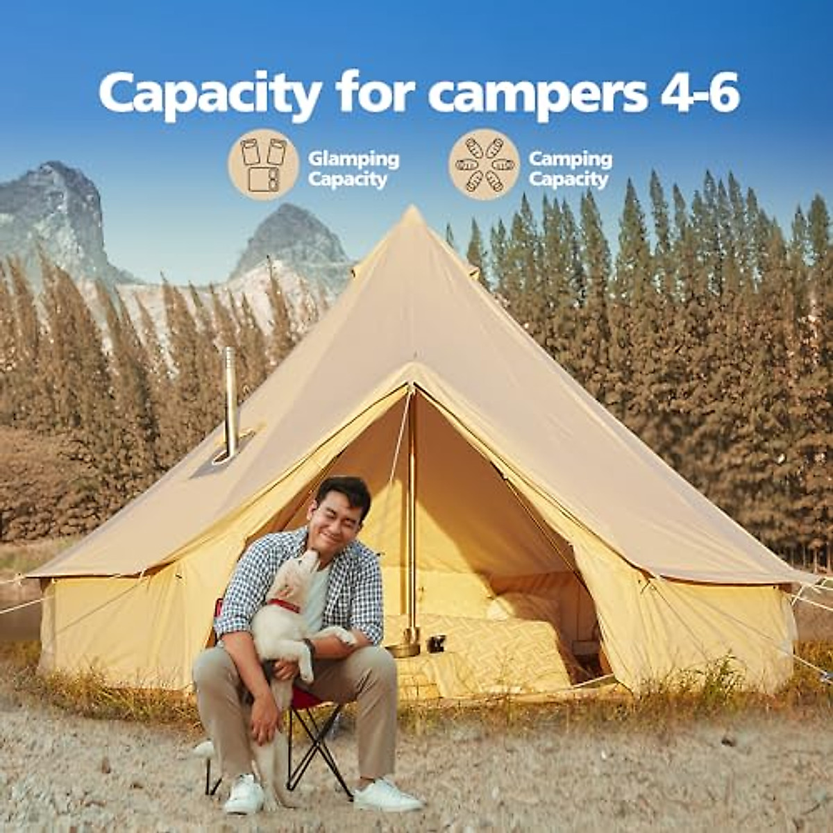 Glamcamp Bell Tent,4 Seasons Breathable 100% Cotton Canvas Yurt Tent - w/Stove Jack,Luxury Camping Tent Outdoor,Zipped Removable Floor Water Repellent, 13.1ft(4M)