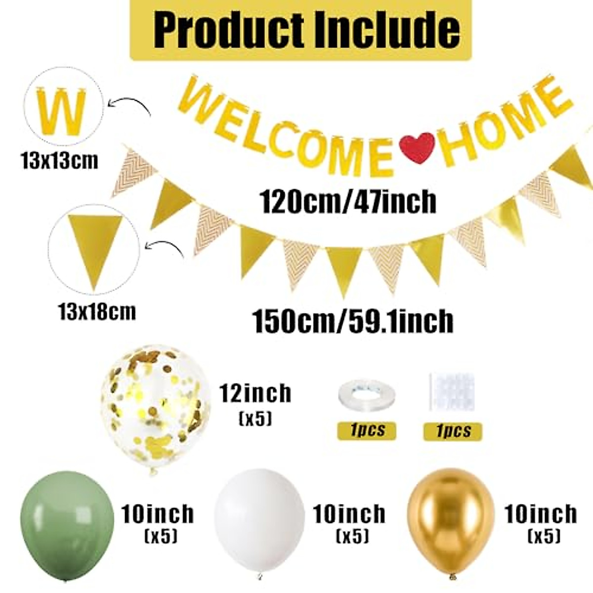 Welcome Home Decorations,Green Gold Welcome Home Balloons Banners Set,Welcome Home Glitter Banner with Confetti Balloons,Pennant Flag Bunting for Home Family Baby Shower Welcome Back Party Supplies