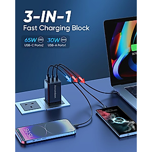 [2 Pack] USB C Charger Block 160W, 3-Port GaN Super Fast Charger, Dual 65W Type C Charging Block, Foldable QC3.0 Laptop Fast Charging for MacBook, iPhone, Samsung, Galaxy, iPad, Android, Black