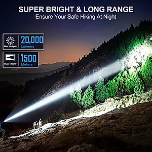 Rechargeable Flashlights 20,000 High Lumens, 1500M Long Throw Super Bright LED Small Powerful Tactical Flashlight with Memory Function, 6Modes Pocket Waterproof Flash Light for Camping,Emergency