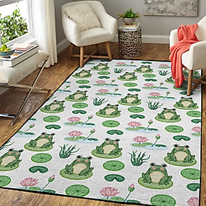 Cartoon Frogs Flower Leaves Pond Area Rugs Water Lilies Lake Floor Carpet Animals Throw Mat for Baby Toddler Nursery Bedroom Bathroom Living Room Kitchen Laundry Home Decor Playmat 20x32inch