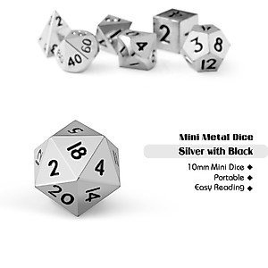 Metal DND Dice Mini,DNDND 10mm Metallic D&D Dice Set with Gorgeous Gift Dice Box for Dungeons and Dragon D&D Game (Silver with Black Num)