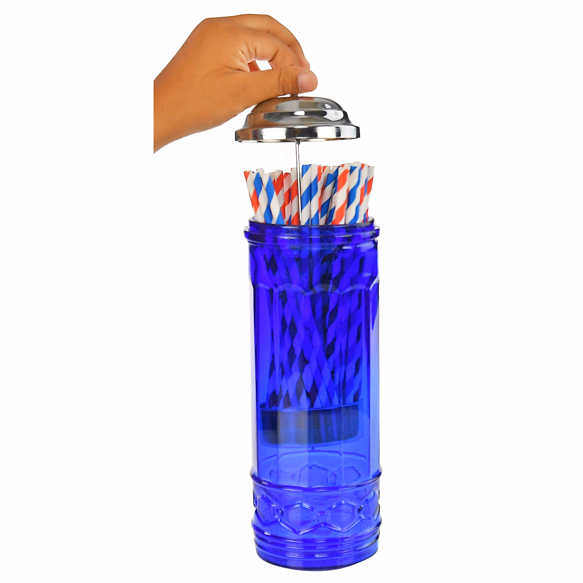 HOME-X Cobalt Blue Glass Straw Dispenser, Straw Holder, Vintage Home Kitchen Accessories, Pop Up Stra Lid Dispenser, Depression Style