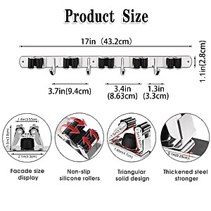 5 Racks and 4 Hooks Mop and Broom Holder Wall Mount, Broom Organizer Storage Tool Racks Stainless Steel Heavy Duty Hooks Self Adhesive Solid Non-slip for Home Kitchen Garden Laundry Garage