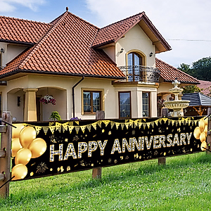 Wedding Anniversary Banner Decorations, Large Happy Anniversary Yard Sign Party Supplies Decor, Black Gold Outdoor 16th/21st/30th/40th Anniversary Decorations Photo Booth Props(9.8 X 1.6ft)