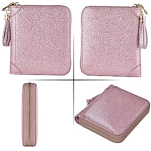 Easyoulife Womens Credit Card Holder Wallet Zip Leather Card Case RFID Blocking (Glitter Light Purple)