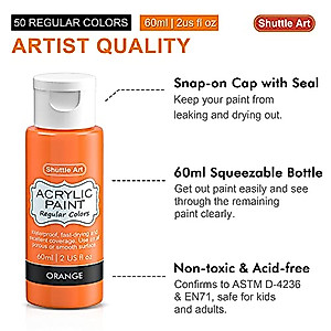 Shuttle Art Acrylic Paint, 50 Colors Acrylic Paint Set, 2oz/60ml Bottles, Rich Pigmented, Water Proof, Premium Acrylic Paints for Artists, Beginners and Kids on Canvas Rocks Wood Ceramic Fabric