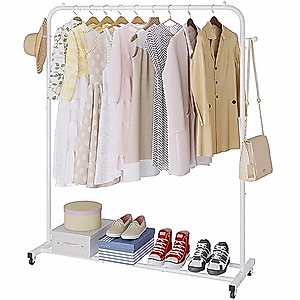 Boeeoan Garment Rack, Clothes Rack With Wheels, Freestanding Simple Single Pole, Coat Rack, Multi-functional Rolling Clothing Storage Rack With 2 Hooks for Bedroom, Laundry Room, Living-room, White