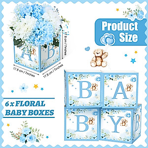Bucherry 6 Pcs Baby Shower Party Decorations Baby Flower Boxes Centerpiece Rustic Table Display with Letters Gender Reveal Party Favor Block Holder(Blue,Blue Bear)