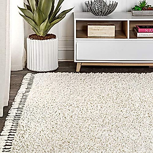 JONATHAN Y MCR100D-8 Mercer Shag Plush Tassel Indoor Area-Rug Bohemian Modern Contemporary Solid Easy-Cleaning Bedroom Kitchen Living Room, 8 X 10, Cream with Tassel
