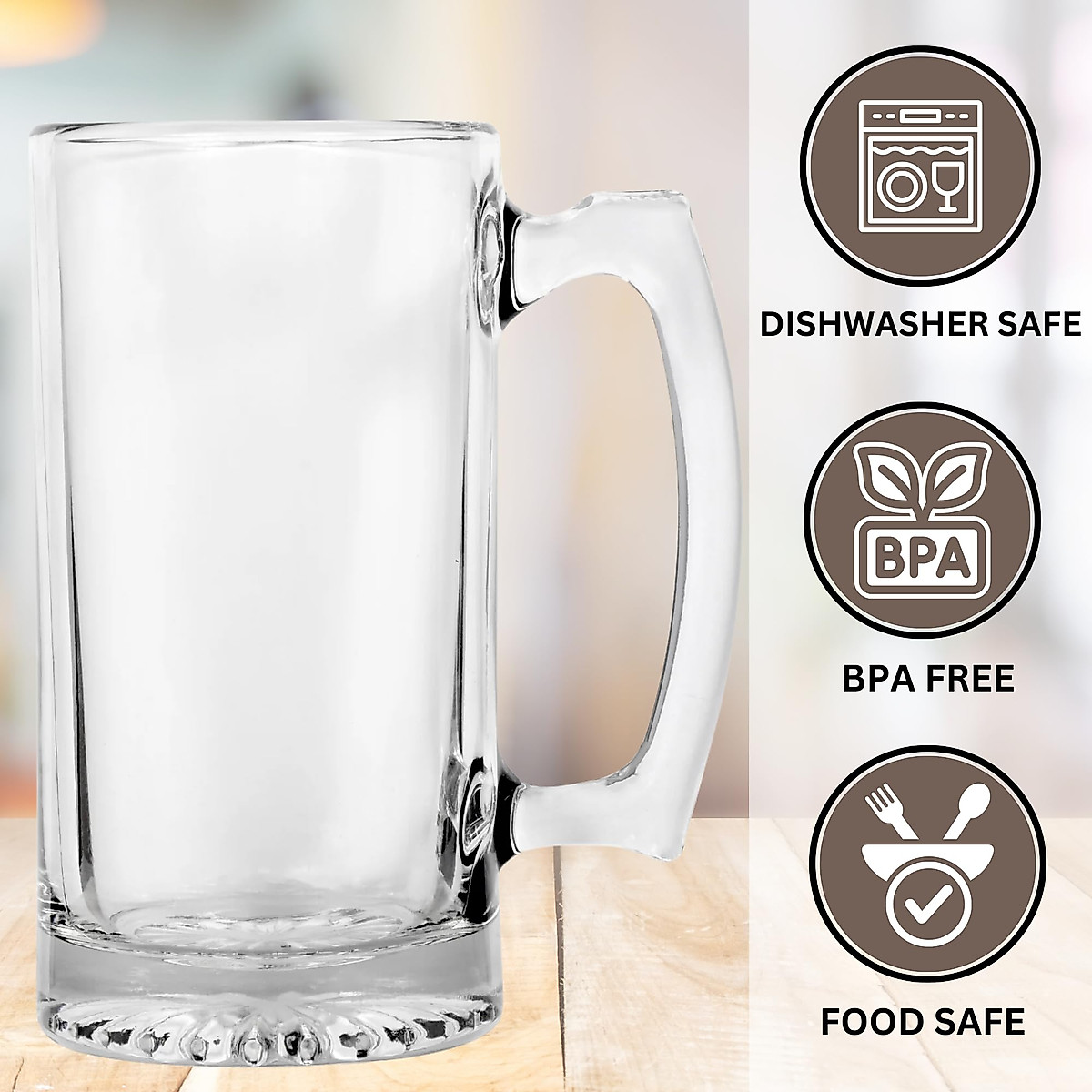 BCS Clear Glass Sports Mugs with Handles 26.5 oz for Beer Beverages Water Cocktails Coffee Drinking Glasses Cups Home Kitchen Dining Cafe Bar Restaurant Party Favor Tableware Glassware Gift Set of 4