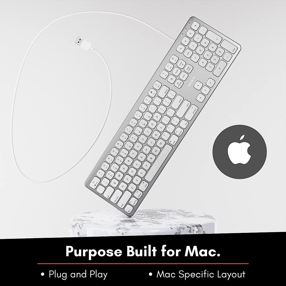 Macally Wired Keyboard for Mac - Compatible Apple Keyboard with USB Ports for Mouse - Full-Size Mac Keyboard with Number Pad - Plug & Play Keyboard for MacBook Pro/Air, iMac - Aluminum Frame