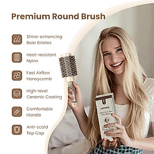 AIMIKE Round Hair Brush, Nano Thermal Ceramic & Ionic Tech, 2.1 Inch Barrel with Boar Bristles for Enhanced Texture, Golden, Hair Drying, Styling, Curling and Shine + 4 Free Clips