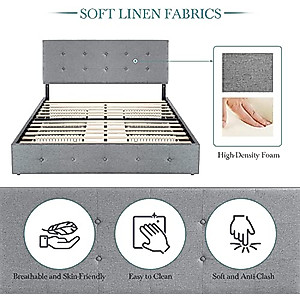 HOOMIC King Size Platform Bed Frame with 4 Storage Drawers, Adjustable Headboard with Square Stitched Button Tufted Design, Wooden Slats, No Box Spring Needed, Noise Free, Easy Assembly, Light Grey