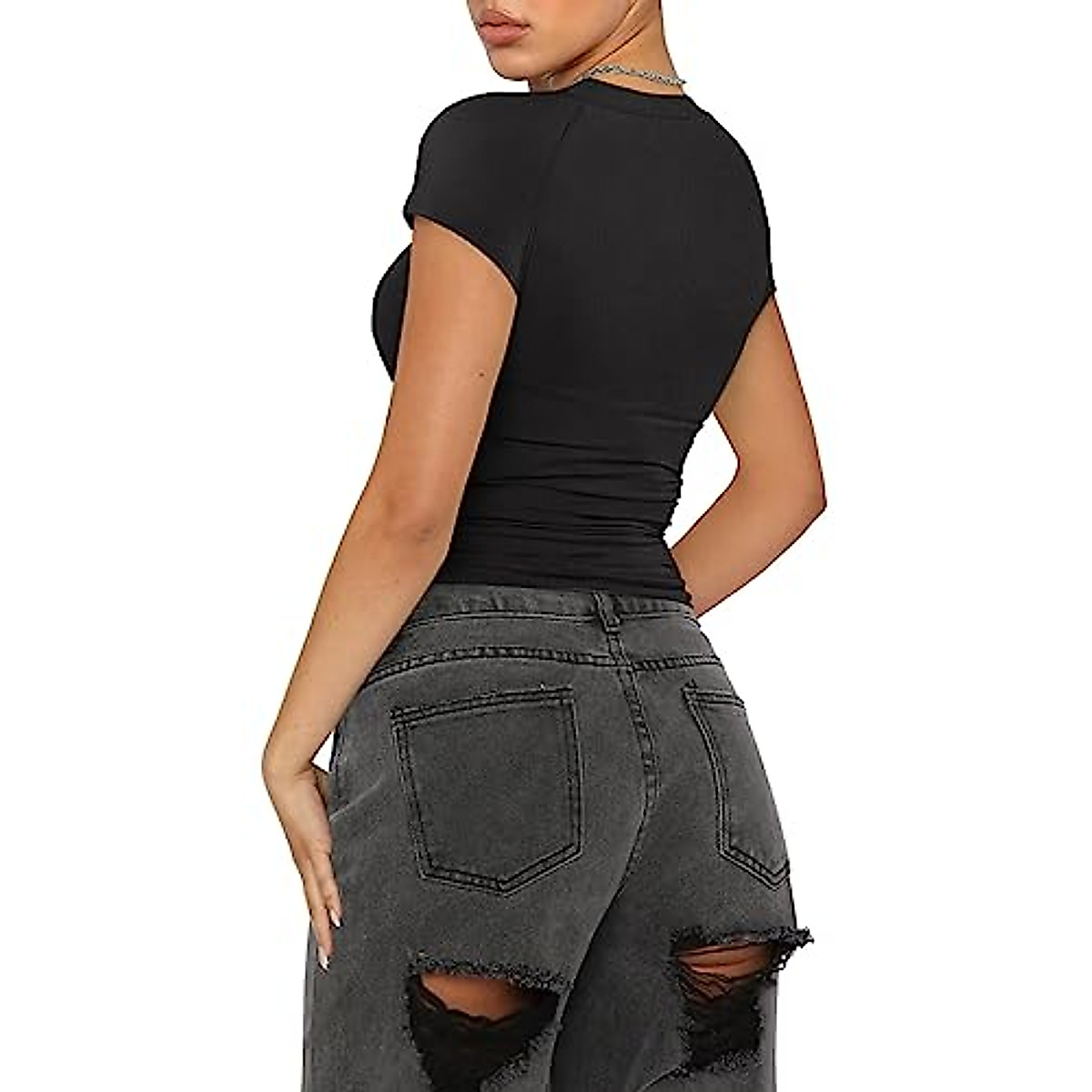 REORIA Women's Summer Casual Basic Mock Neck Short Sleeve Double Lined Going Out Trendy Y2K T Shirts Crop Tops Black X-Large