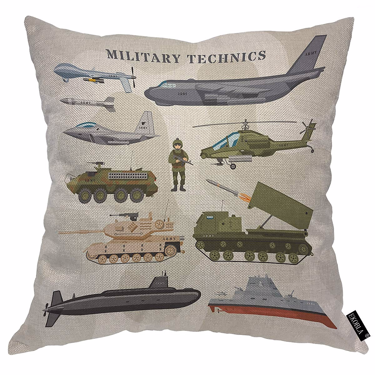 EKOBLA Military Technics Throw Pillow Cover Camouflage Army Transport Plane Armored Tank Helicopter Submarine Pillow Covers for Living Room Sofa Indoor Home Decor Cotton Linen 16x16 Inch