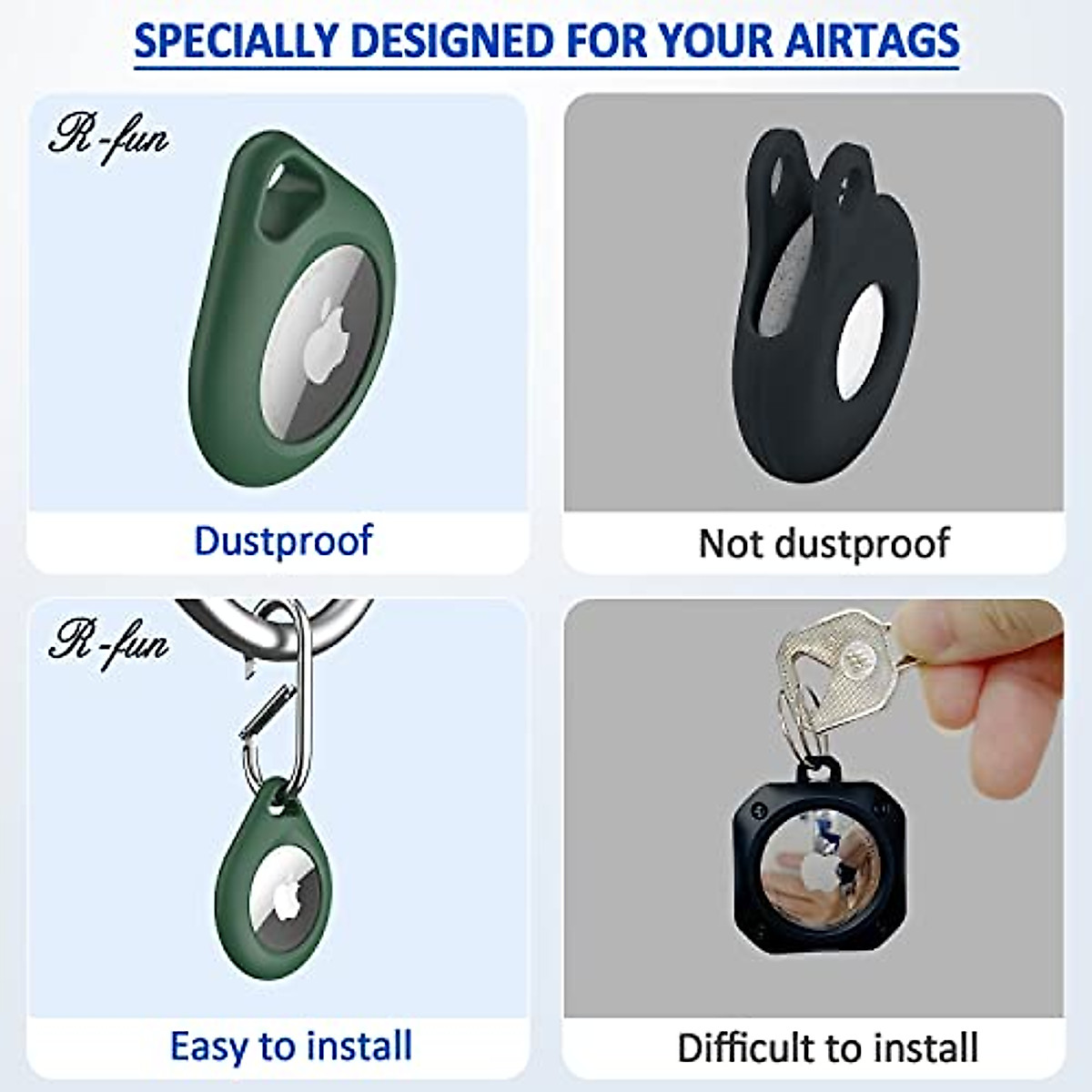 R-fun Airtag Holder,4 Packs Apple Airtags with Metal Keychain, Multi-Color Protective Silicone Airtag Case Key Ring for Luggage, Dog Collar, Keys, Anti-Scratch Protective - (Black,Blue,Sky Blue,Green)