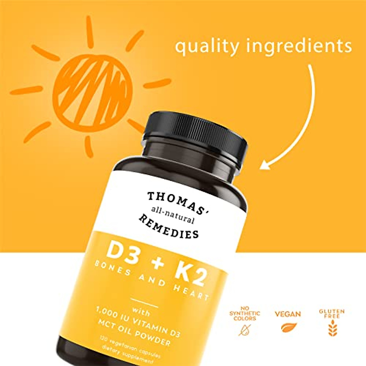 Thomas' all-natural Remedies D3 + K2 with MCT Oil for Better Absorption - 1000 IU D3 - Vegan - Made in USA - Support for Your Heart, Bones & Teeth - Non-GMO - 120ct